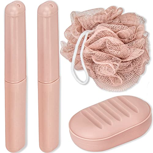 DecorRack Portable Toiletry Set in Resealable Bag with Soap Case, Bath Sponge, 2 Toothbrush Holders, Ideal Kit for Travel, Gym, Camping, Home, and Outdoors, Mint Green and Rose Pink Colors (4 Piece)