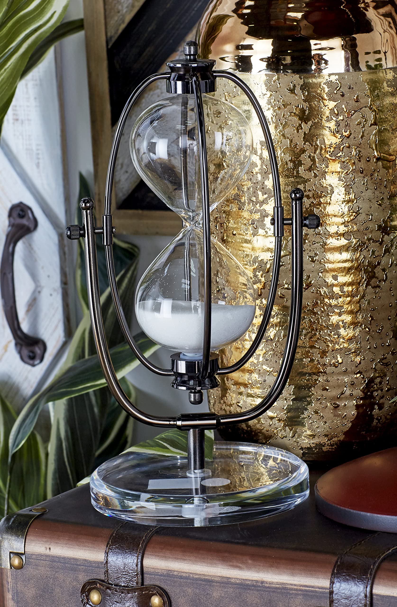 Deco 79 Sophisticated Metal Glass Acrylic Sand Timer, Black, 6”L x 6”W x 12”H, (53422)