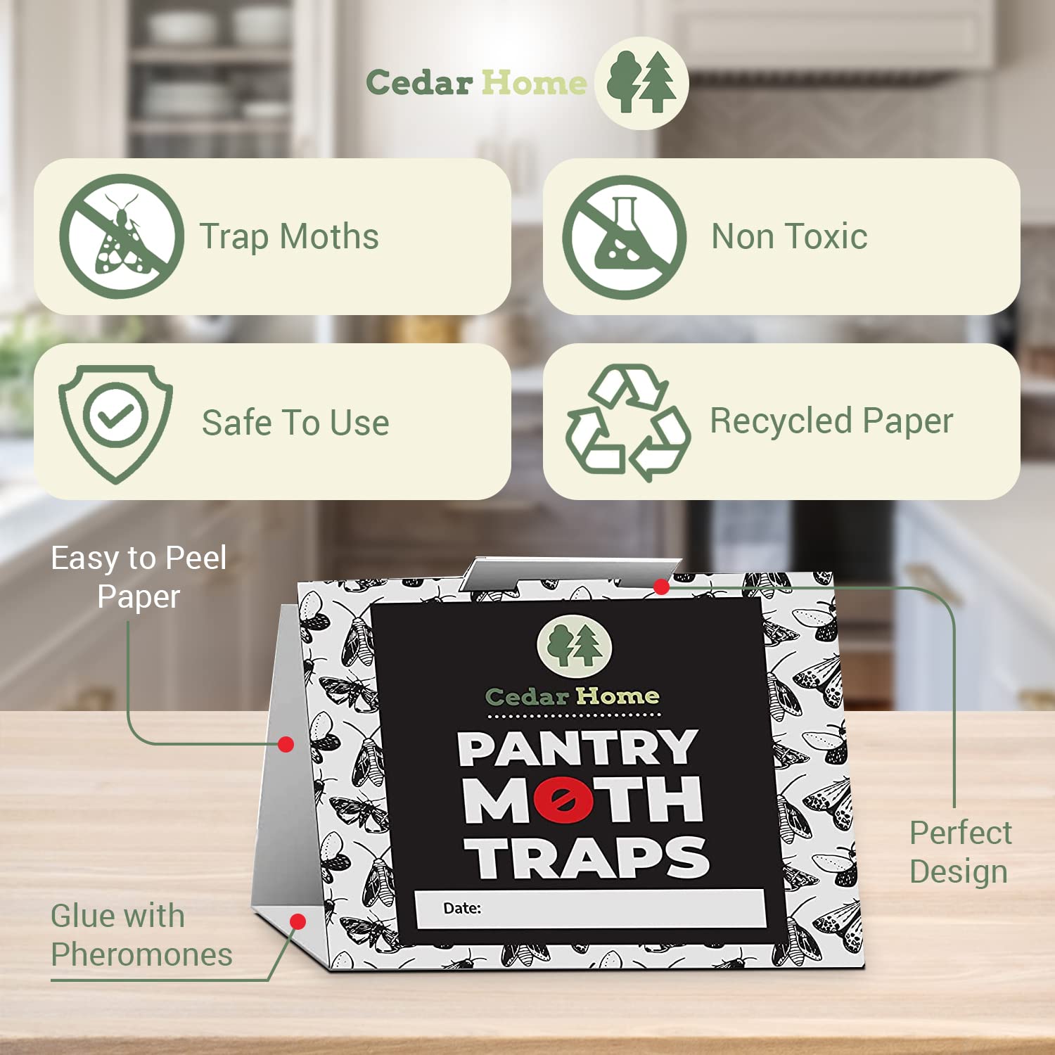 Cedar Hyde Pantry Moth Traps 8-Pack with Pheromones | Long Lasting, Safe, Non-Toxic & No Insecticides | Sticky Glue Pheromone Trap for Kitchen Pantry Moths | U.S.A. Seller