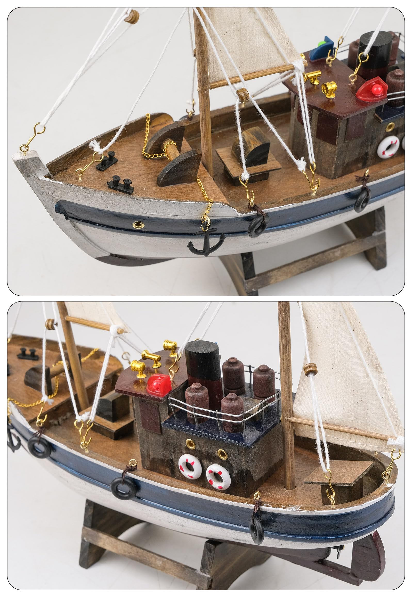 SAILINGSTORY Wooden Fishing Boat Model Sailboat Decor Ship Model Distressed Finish