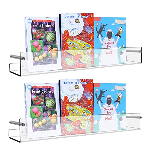 KDCMXS High Front Lip 24 Inch Acrylic Bookshelf,Nursery Book Shelves,Acrylic Shelves for Wall,Invisible Bookshelf,Acrylic Bathroom Shelves,50% Thicker Clear Acrylic Shelf for Kids Room Set of 2.