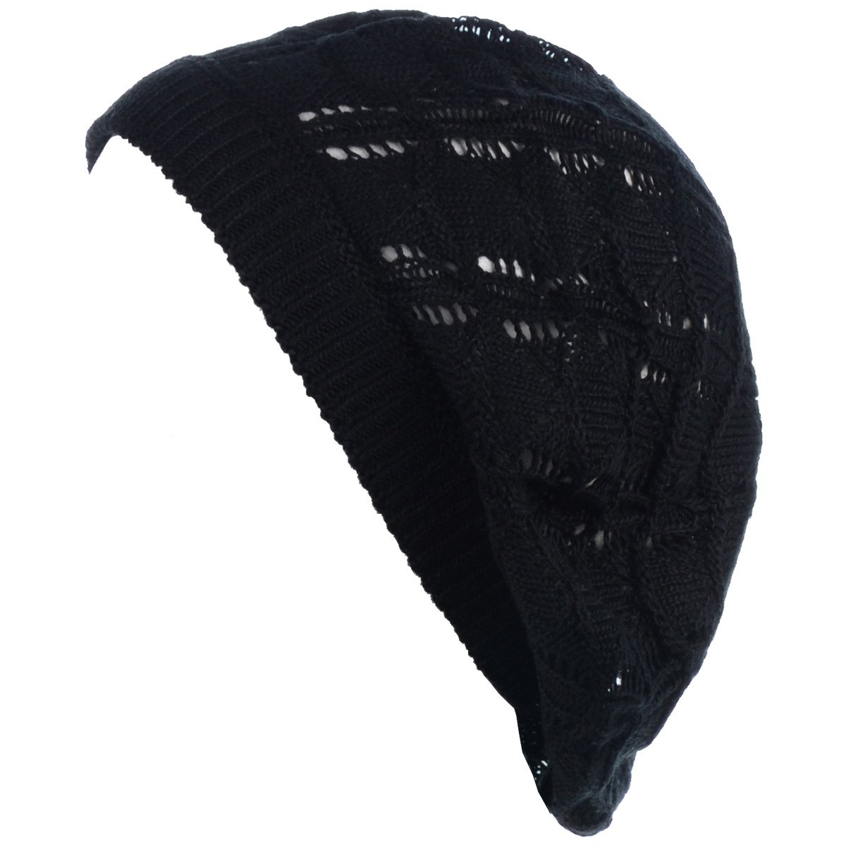 BYOS Chic Parisian Style Soft Lightweight Crochet Cutout Knit Beret Beanie Hat (2-Pack Wavy Stripes Charcoal Gray & Black)