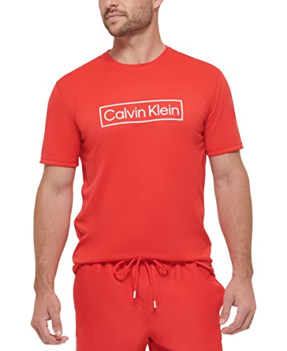 Calvin Klein Men's Standard Light Weight Quick Dry Short Sleeve 40+ UPF Protection Active Top, Red Logo, Small