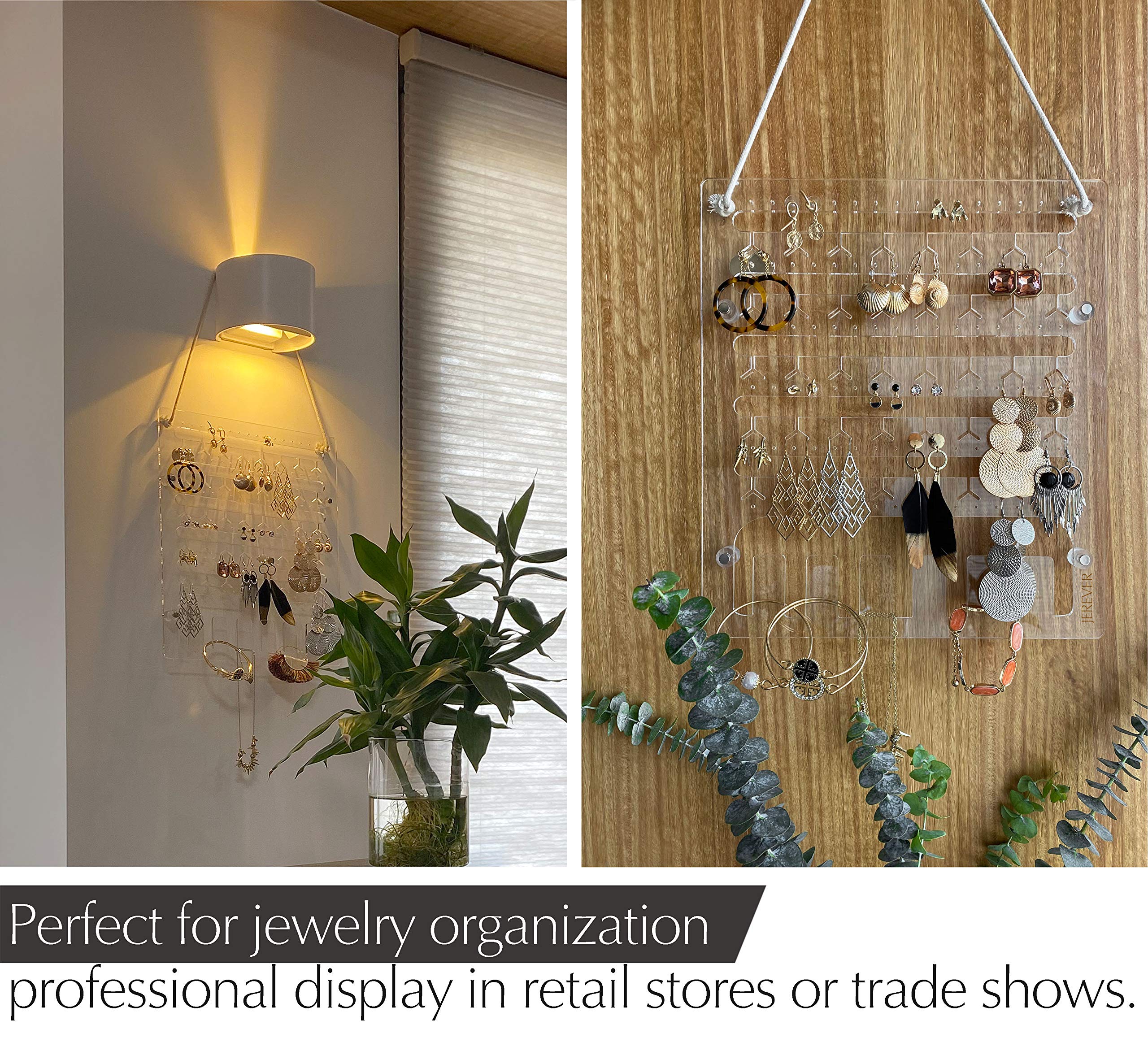 JEREVER Earring Holder for Wall Hanging Jewelry Organizer Display Acrylic Hanger Rack with 96 Holes, 6 Hooks for Necklaces, Bracelets (Accessories are not included)