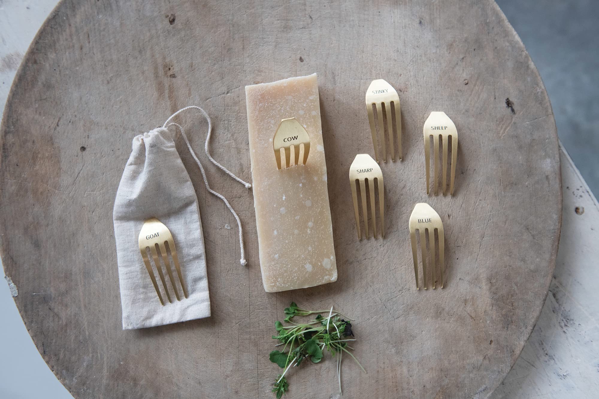 Creative Co-Op Stainless Steel Fork Cheese Markers with Drawstring Bag, Set of 6 Cutlery, Brass