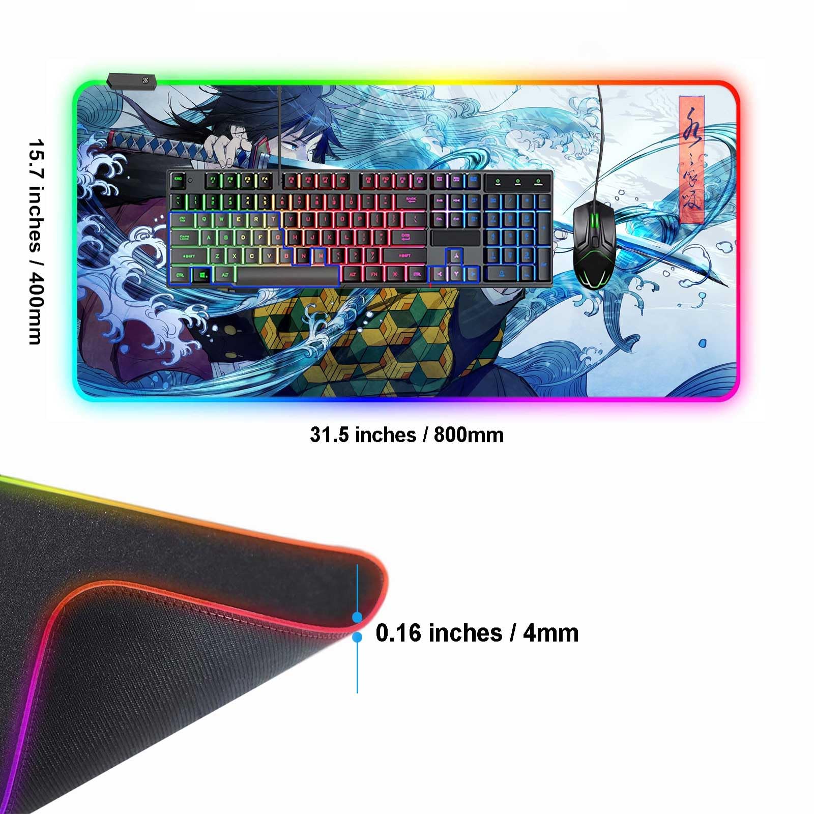 RGB Large Gaming Mouse Pad Anime Giyu Sword,Laptop Desk Pad,Mousepad with Stitched Edge Frame & Non-Slip Rubber Base,Computer Keyboard and Mice Pads Mouse Mat 31.5X15.7