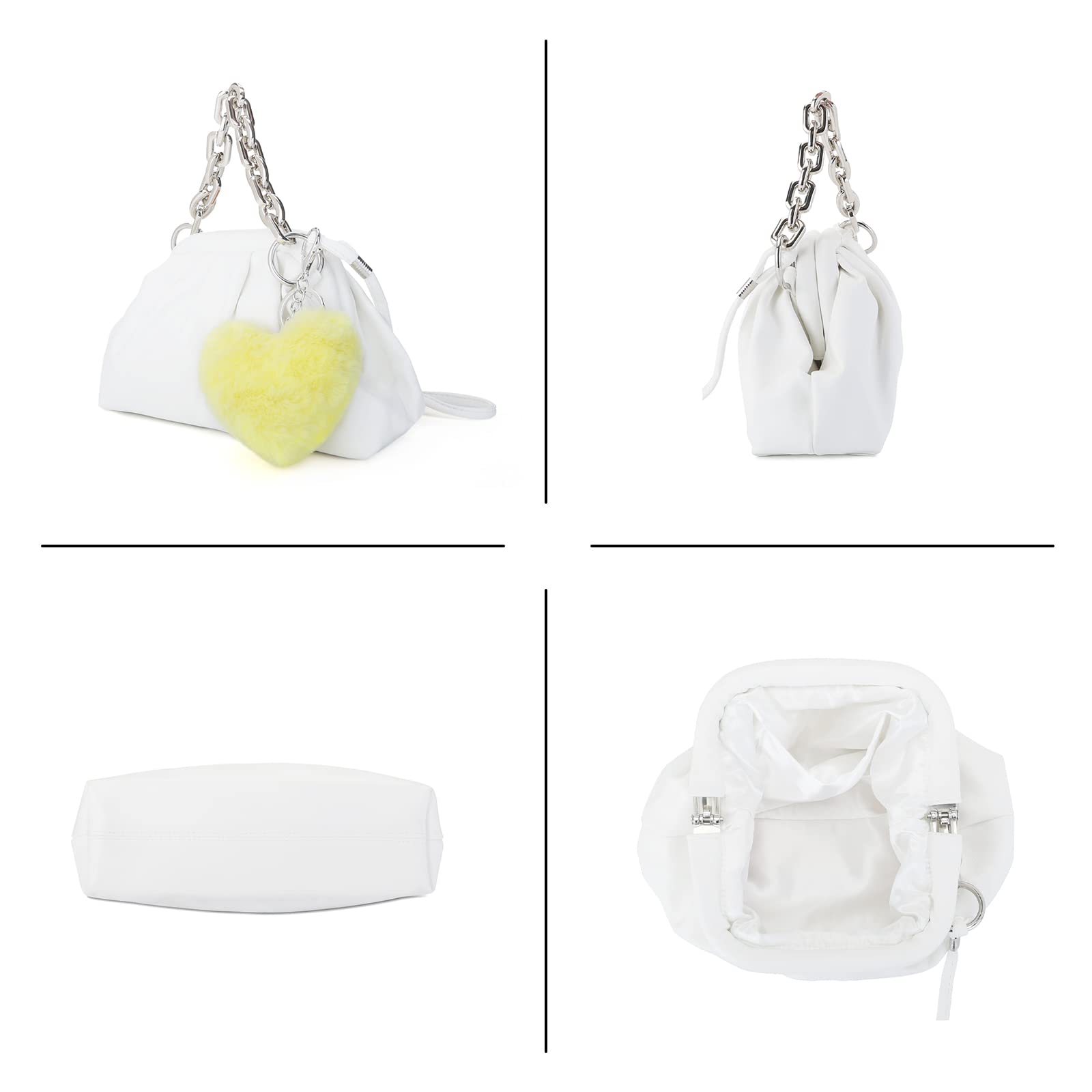Women's Chain Link Cloud Clutch Bag Dumpling-Shaped Pouch Purse Handbag Ruched Chunky Chain Link Shoulder Handbags (WHITE) (YELLOW)