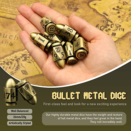 Metal Bullet Dice Set, DND Dice Set Dungeons and Dragons Dice, ZHOORQI D6 Dice Set D&D Dice Gifts for Role Playing Games, Pathfinder, Warhammer 40k or Theme Tabletop Games(7Bullet-Bronze)