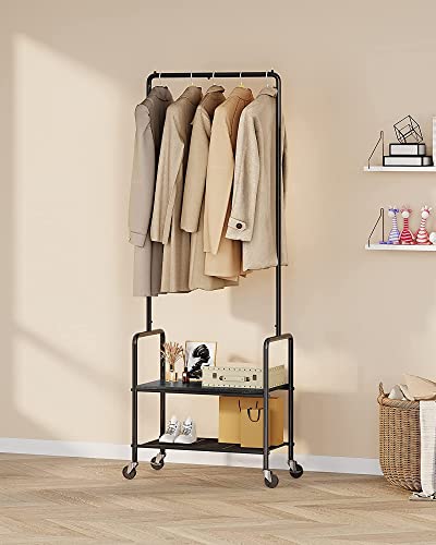 Labonida Rolling Clothing Rack - Space-Saving Clothes Rack on Wheels - Portable Hanging Storage Organizer with 2 Shelves - Sturdy Metal Garment Rack for Home & Business (Black, Industrial Style)