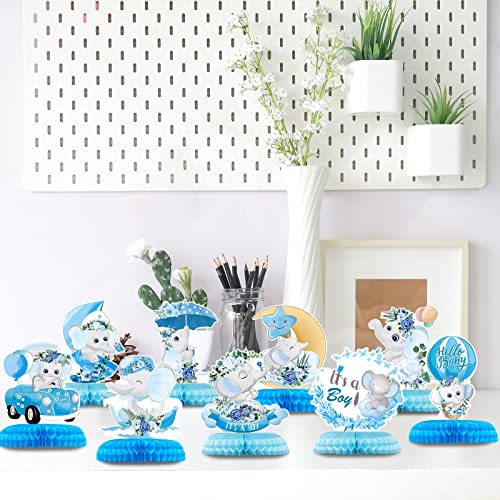 PHIAMOLY 9 Pcs Floral Elephant Honeycomb Centerpiece Blue Elephant Table Decorations Its a Boy Baby Shower Decorations Eelephant Theme Birthday Party Supplies