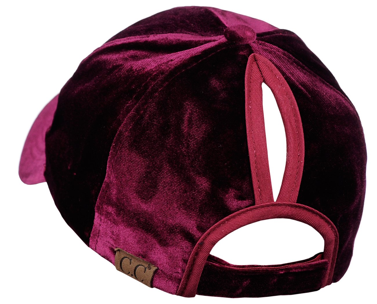 C.C Ponycap Messy High Bun Ponytail Soft Velvet Adjustable Baseball Cap Hat, Burgundy