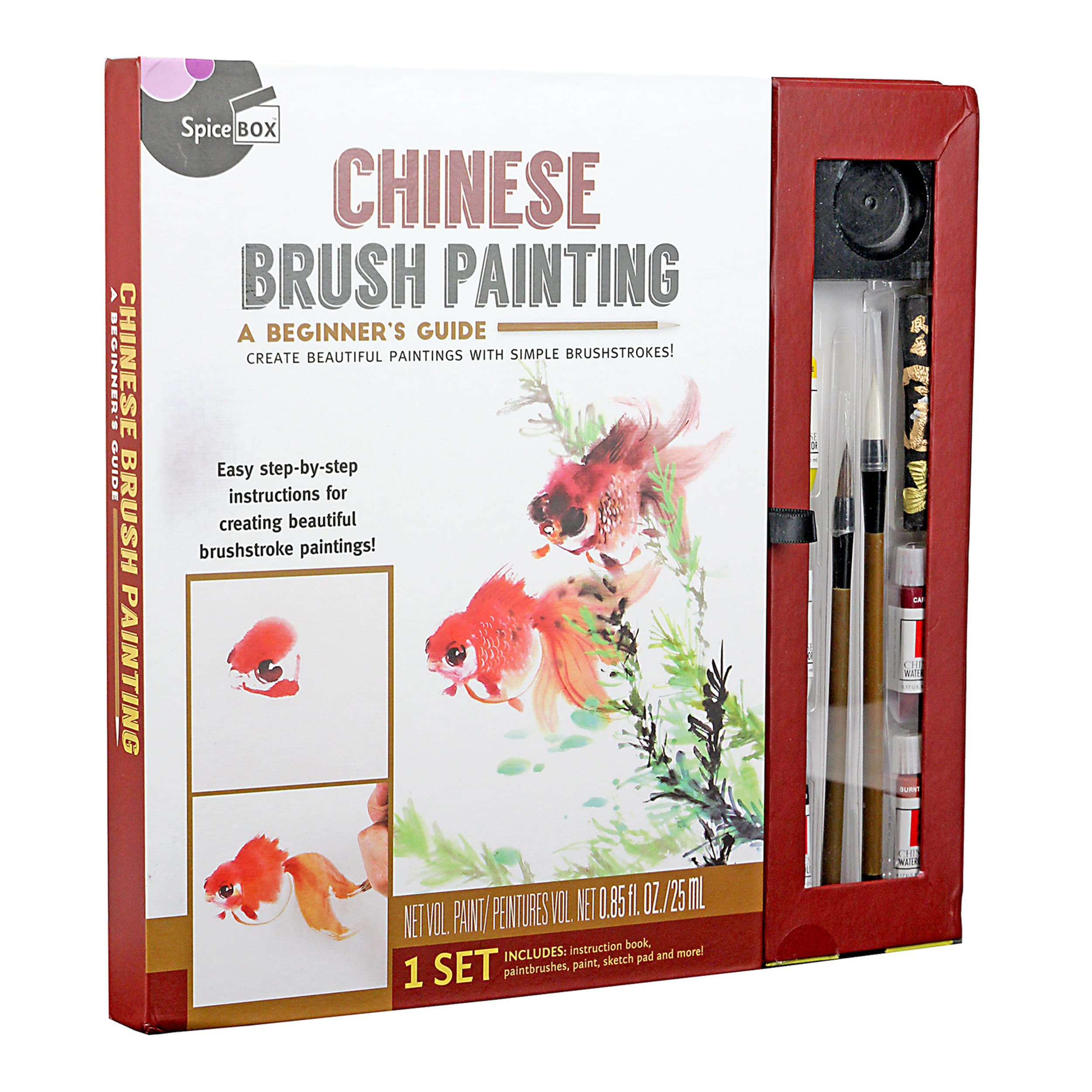 SpiceBox Masterclass Chinese Brush Painting Kit for Adults, DIY Learn to Paint Arts and Crafts Hobby Set, Includes Watercolor Paints, Book, Paintbrushes, Ink Stone, Ink Stick, Sketch Pad