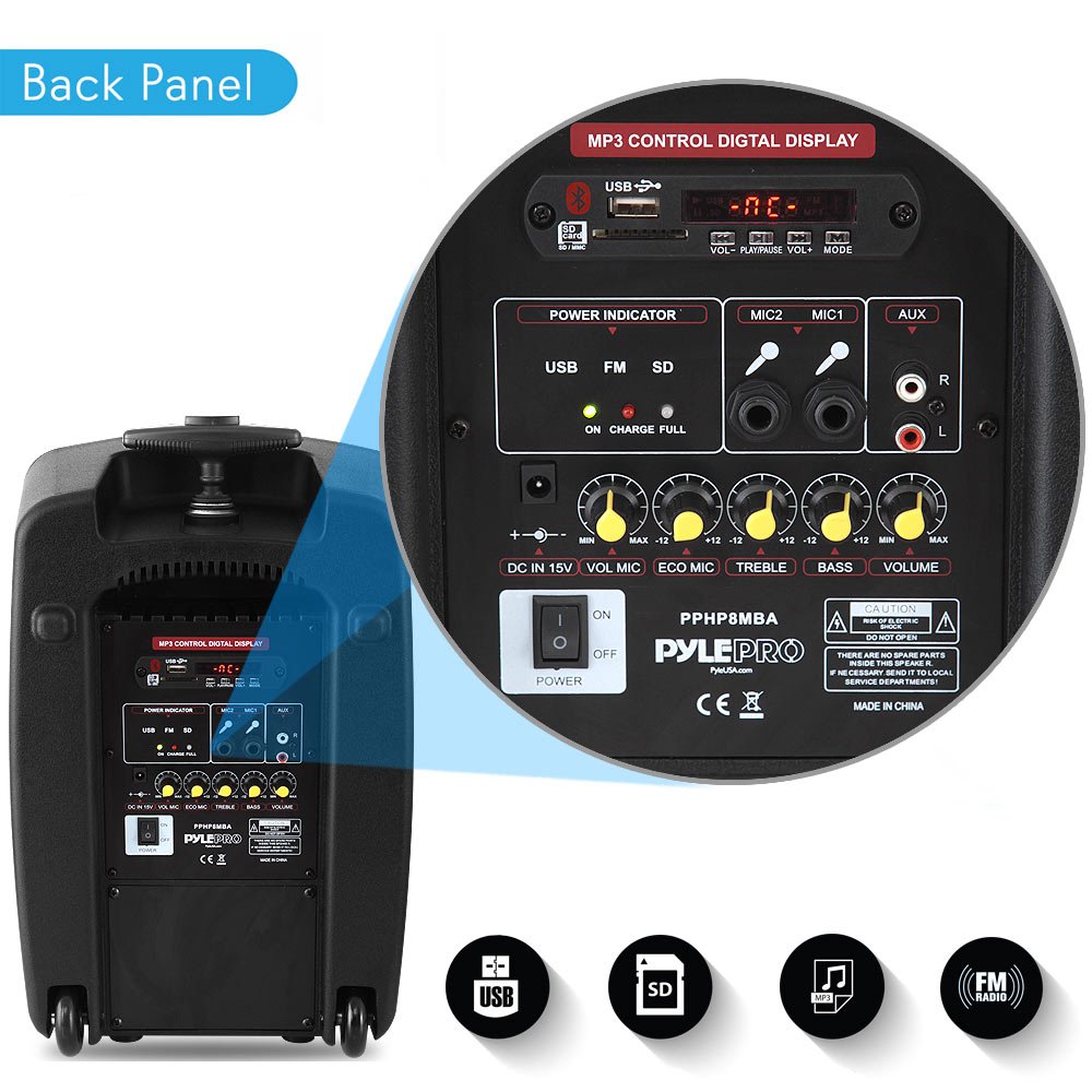 Pyle Wireless Portable PA Speaker System - 360W Bluetooth Compatible Battery Powered Rechargeable Outdoor DJ sound Speaker Microphone Set with MP3 USB SD FM Radio RCA 1/4" Mic In Wheels PPHP8MBA,Black