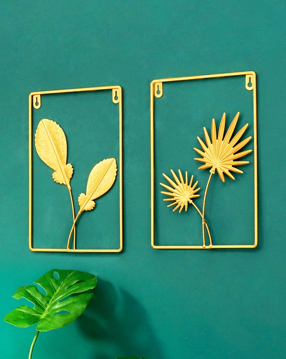 samanoya Iron Wall Sculptures,Metal Round Room Decor and Home Decor with Hanging Leaf Gingko Ornaments Great for Bedroom Hotel Wall Decoration (Gold（Round Square Suit）)