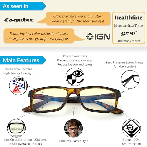 J+S Vision Blue Light Shield Computer/Gaming Glasses - 0.0 Magnification - Anti blue light 100% UV protection - Low Color Distortion Lens, Classic Rectangle Glossy Tortoise Frame
