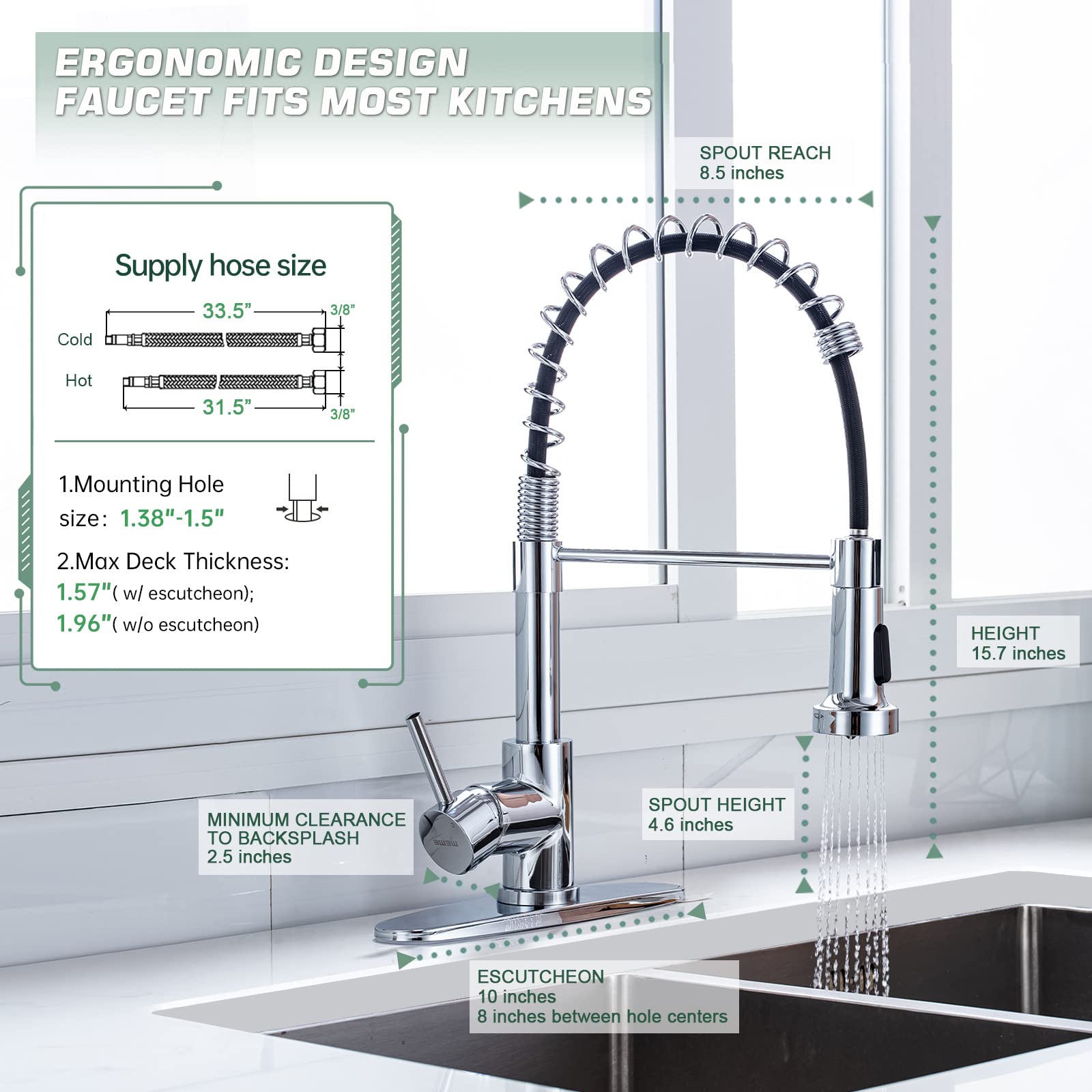 Chrome Kitchen Faucet, Faucet for Kitchen Sink with Pull Down Sprayer WEWE Kitchen Faucet with Deck Plate Stainless Steel Single Handle Spring for Farmhouse with Female 1/2 Adapters