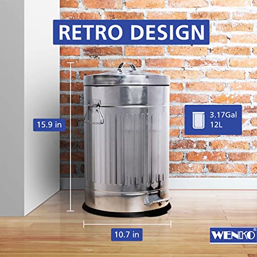 WENKO Step Trash Can with Lid and Pedal, Retro Metal Garbage Bin, for Bathroom, Kitchen, Office, Soft Close, 3.17 Gallon, 10 x 16.5 x 10 in, Gray