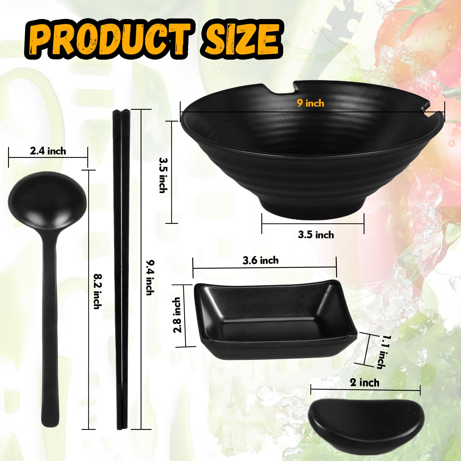Didaey 4 Sets Japanese Ramen Bowl Set 37 oz Black Melamine Large Ramen Noodle Bowl Asian Chinese Korean Miso Soup Bowl with Spoons Chopsticks Saucers and Chopsticks Holders for Pho Udon Thai Soba