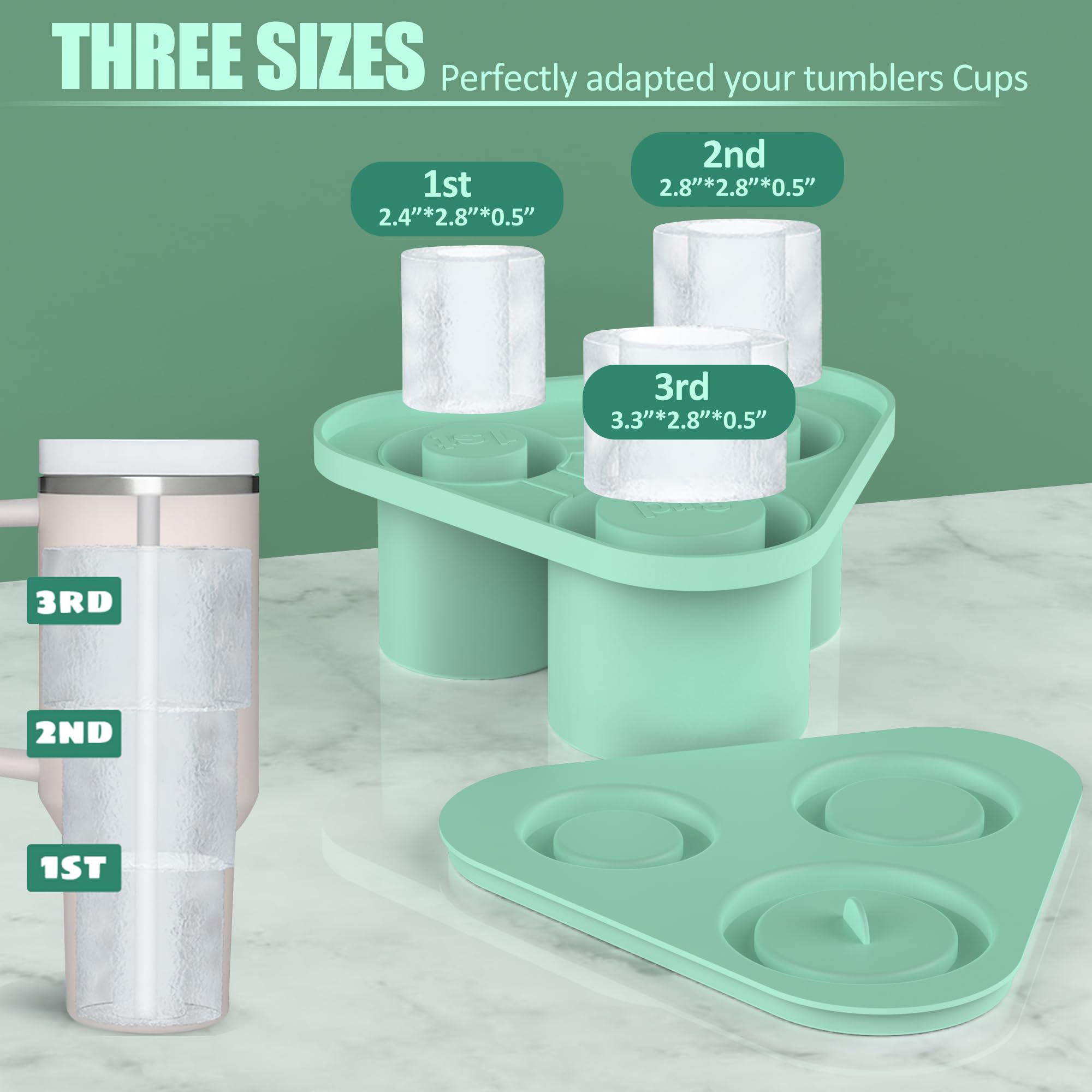 Dryvovol Ice Cube Tray for Stanley Cup 20-40oz Tumbler Cup, Dryvovol 3 Pcs Silicone Ice Cube Molds With Lid for Chilling Cocktails, Freezer, Whiskey, Drinks, Coffee (Green)