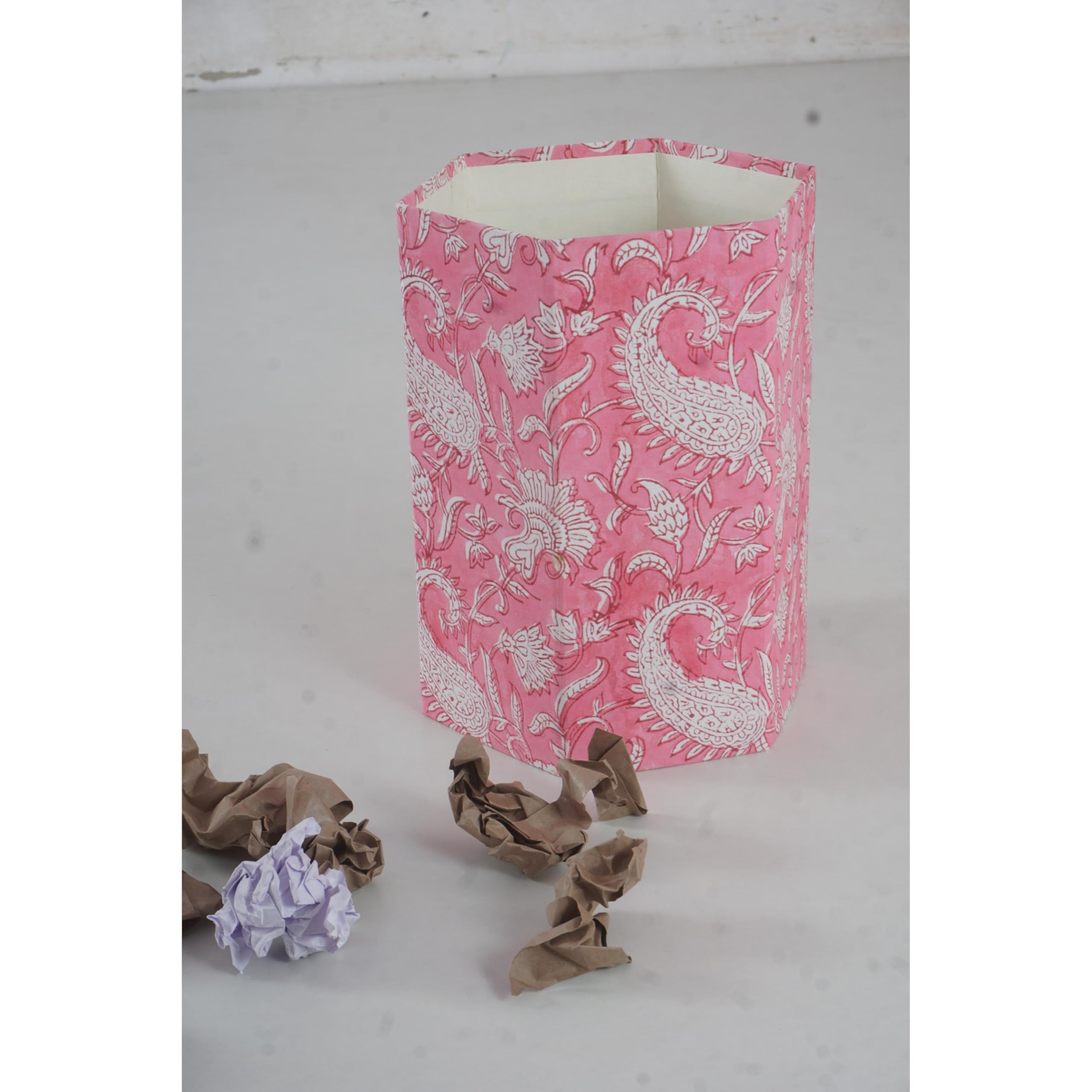 Floral Hand Block Printed 3.3 Gallon Decorative Waste Basket – Eco-Friendly Cardboard Trash Can, Plastic-Free & Sustainable, Perfect for Christmas and Housewarming Gifts (1, Pink MUKAT)