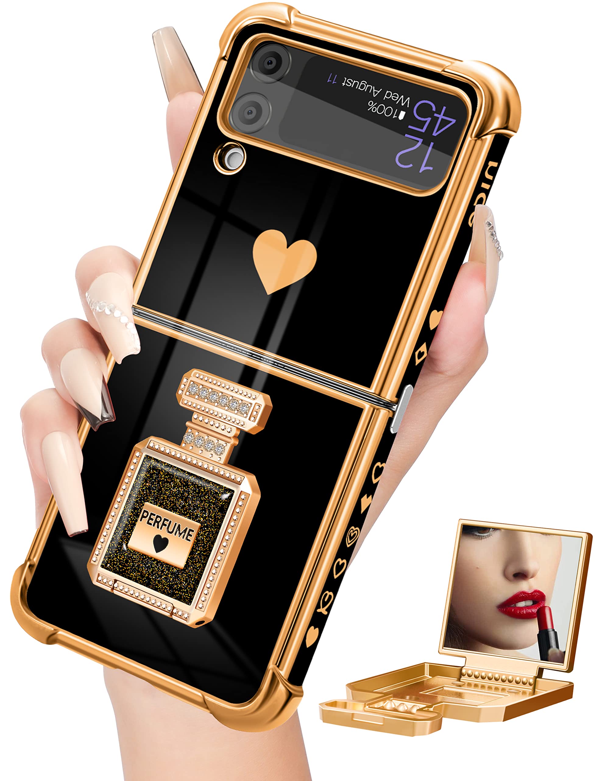 Buleens Luxury Z Flip 4 Case - Heart Metal Perfume Bottle Stand, Mirror, 6.7" Black Phone Cover