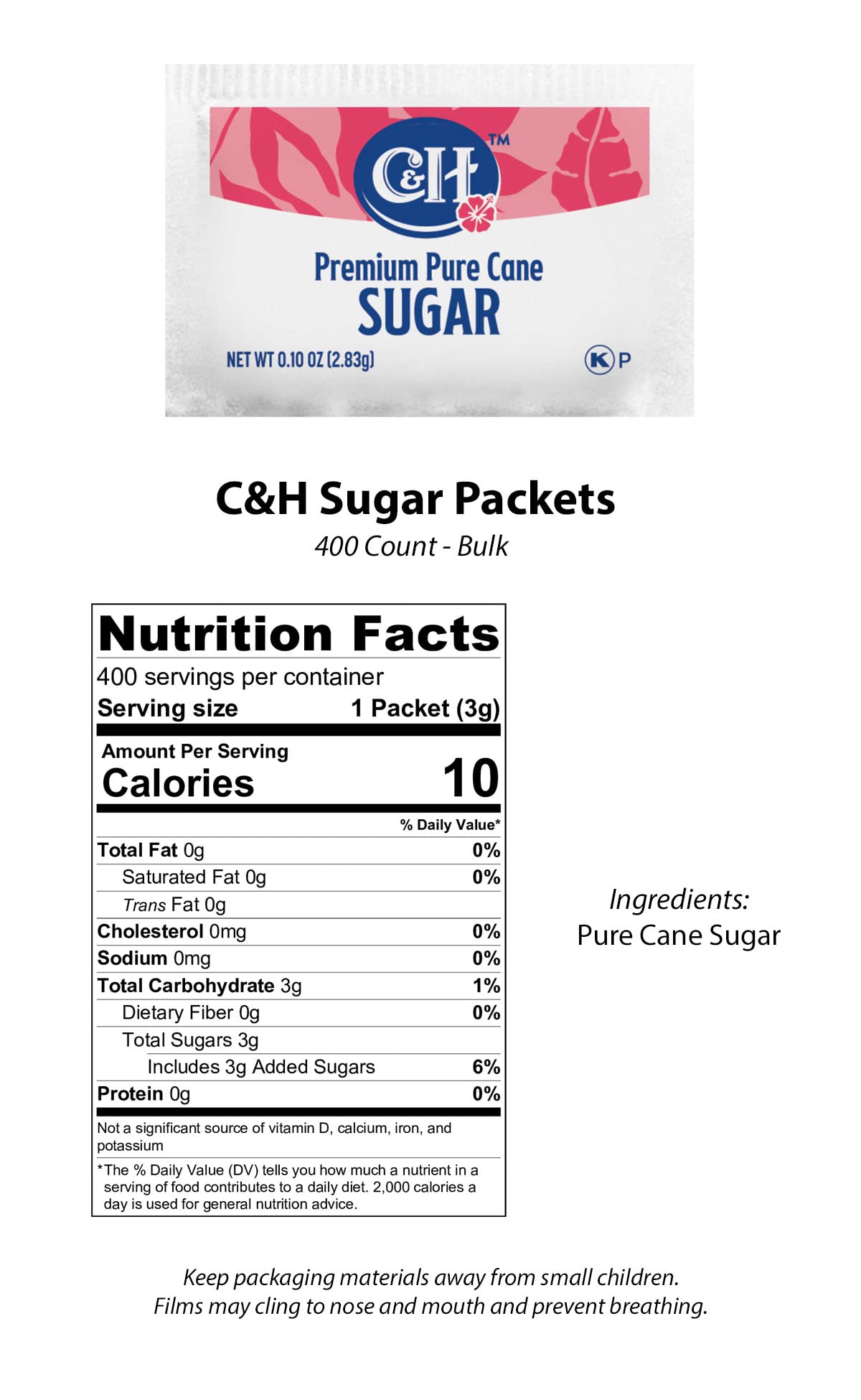 C&H Pure Cane NON-GMO Granulated Sugar, 0.10 Ounce (2.83 Gram) Packets, Pack of 400 in Dispenser Box