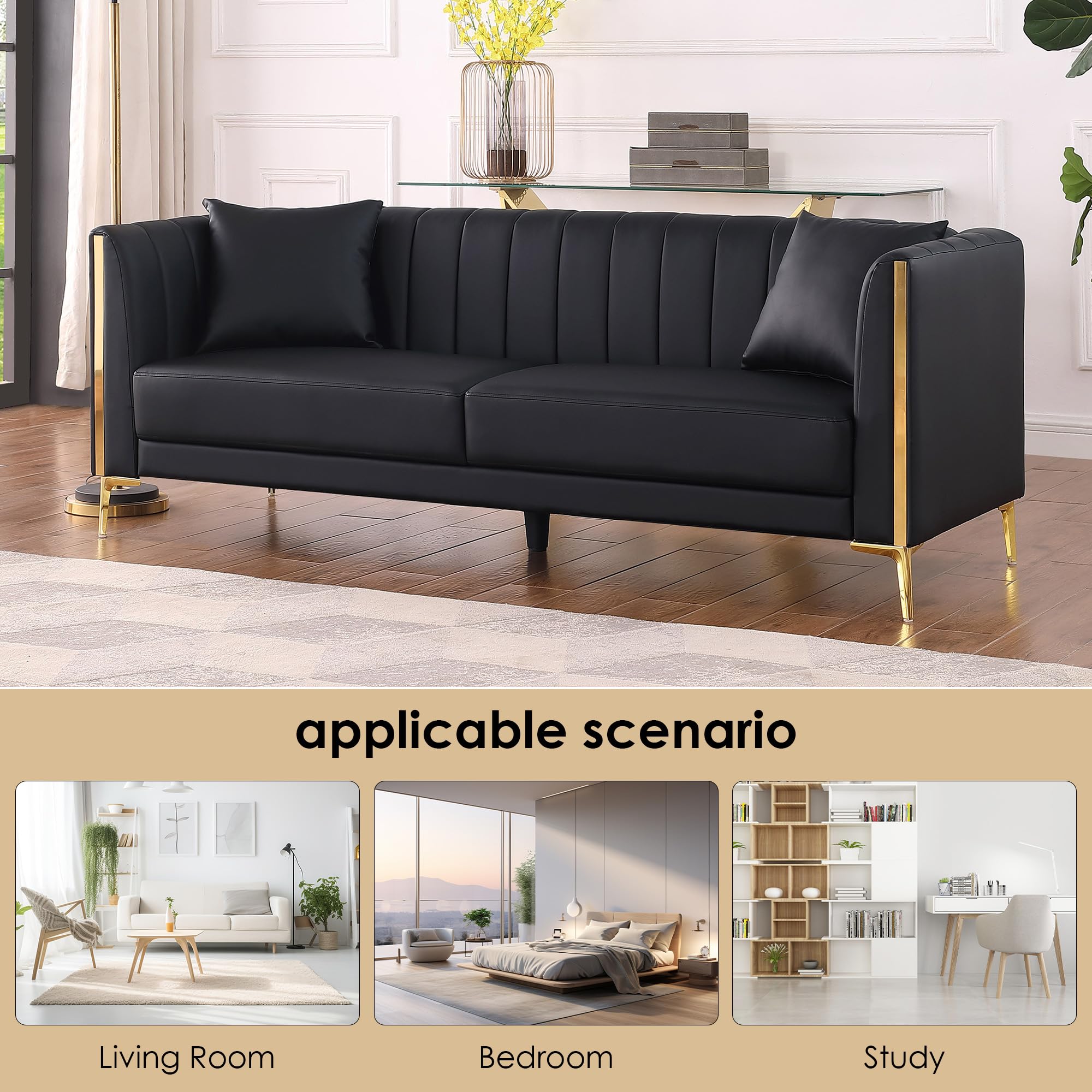 FOTOSOK 78'' Sofa, Modern Leather Couches for Living Room, Comfy, Faux Leather Sofa 3 Seater Sofa with 2 Throw Pillows and Gold Metal Legs, Deep Seat Sofas (Brown)