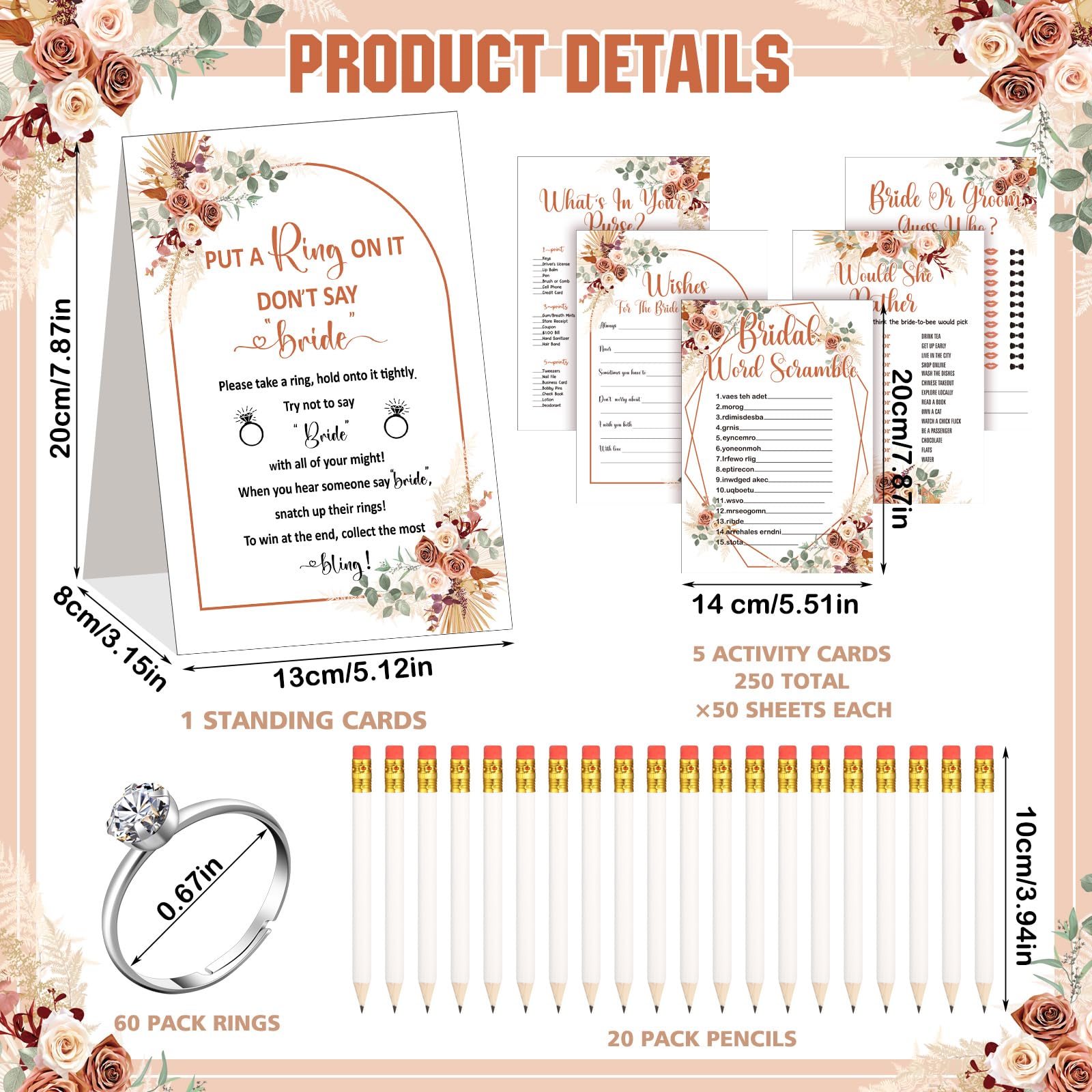 Estune 331 Pcs Bridal Shower Games Supplies, 5 Sets 250 Pcs Wedding Games Cards 1 Put a Ring on It Bridal Shower Games with 60 Pcs Rings and 20 Pcs Pencils(Boho Style)