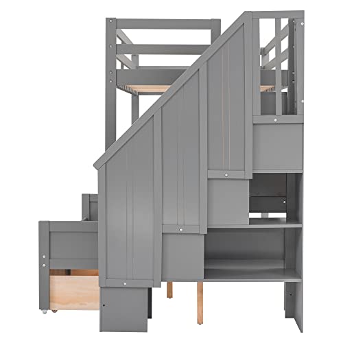 Polibi Twin XL Over Full Bunk Bed with Built-in Storage Shelves, Drawers and Staircase, Solid Wood Bunk Bed Frame with Full Length Guardrail, Grey
