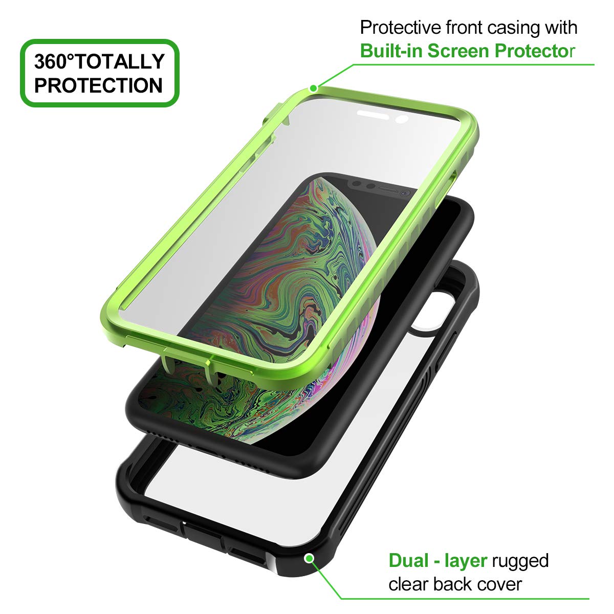CellEver Clear Full Body Case for iPhone XR, Military Grade Protection with Soft TPU Bumper and [Built-in Screen Protector] [Lightweight] Shockproof Transparent Phone Cover 6.1 Inch (Black)