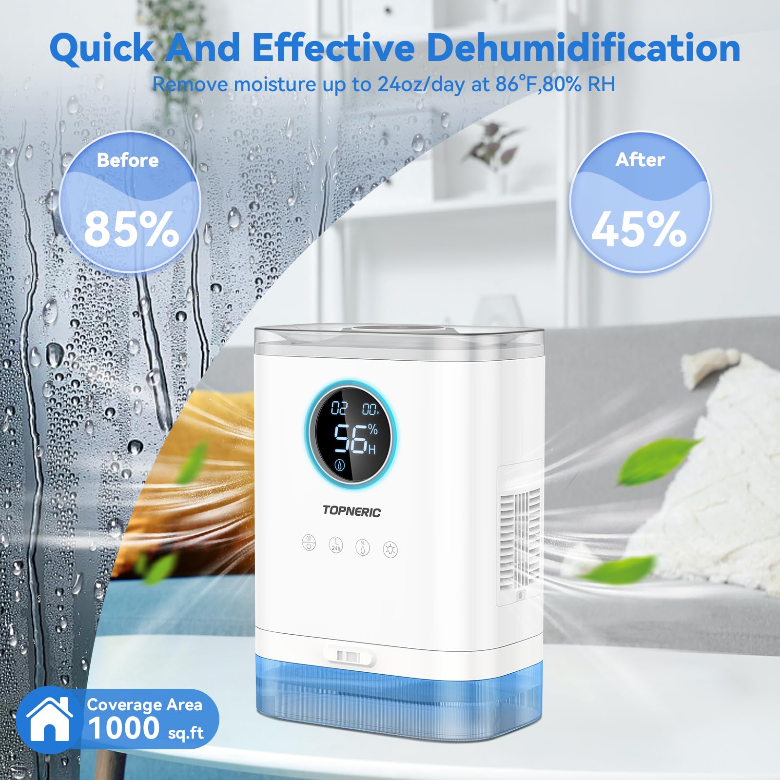 Dehumidifier, 95 OZ Dehumidifier for Bedroom (1000 sq.ft), Quiet Dehumidifier for Basement, Home, Bathroom, RV, Closet with Auto Shut Off, Humidity Adjustable, Defrost, Sleep Mode, 7 Colors LED Light