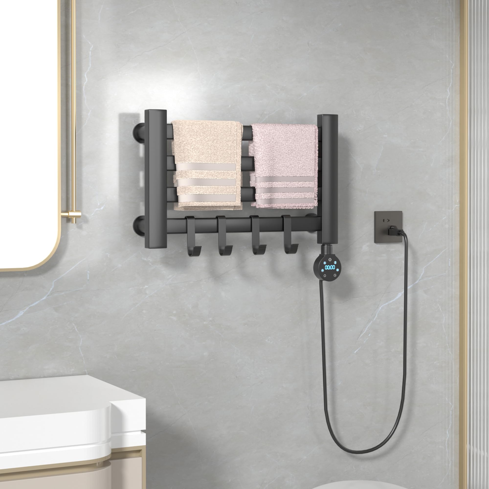 Geobella Wall Mounted Towel Warmer for Bathroom 4 Bars with Timer & Temperature Adjustments,Electric Heated Towel Drying Rack, Black 1.37 * 21.6 * 13.77inch