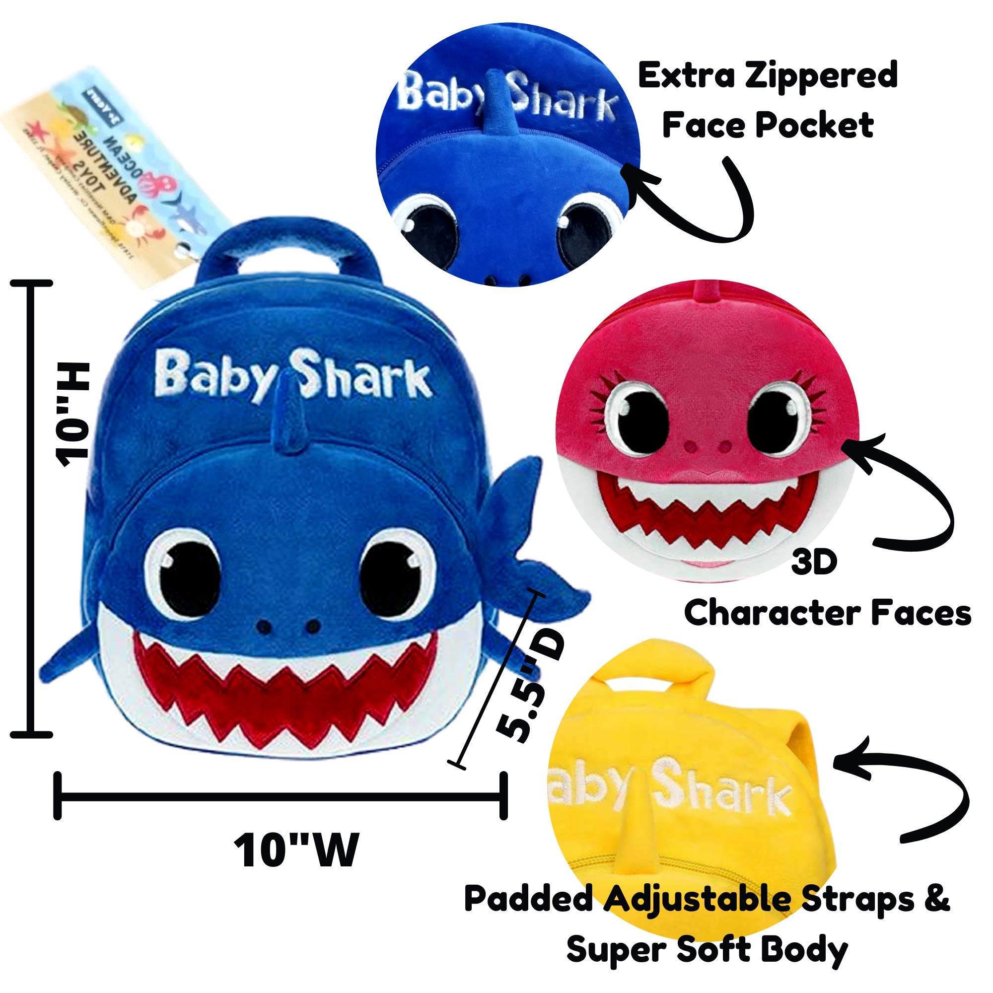Q&M Novelties Baby Shark Backpack Gift Set Bundle (5 Pack), Kids Baby Shark Toys Plush Toddler Play Set, Blue - Daddy Shark