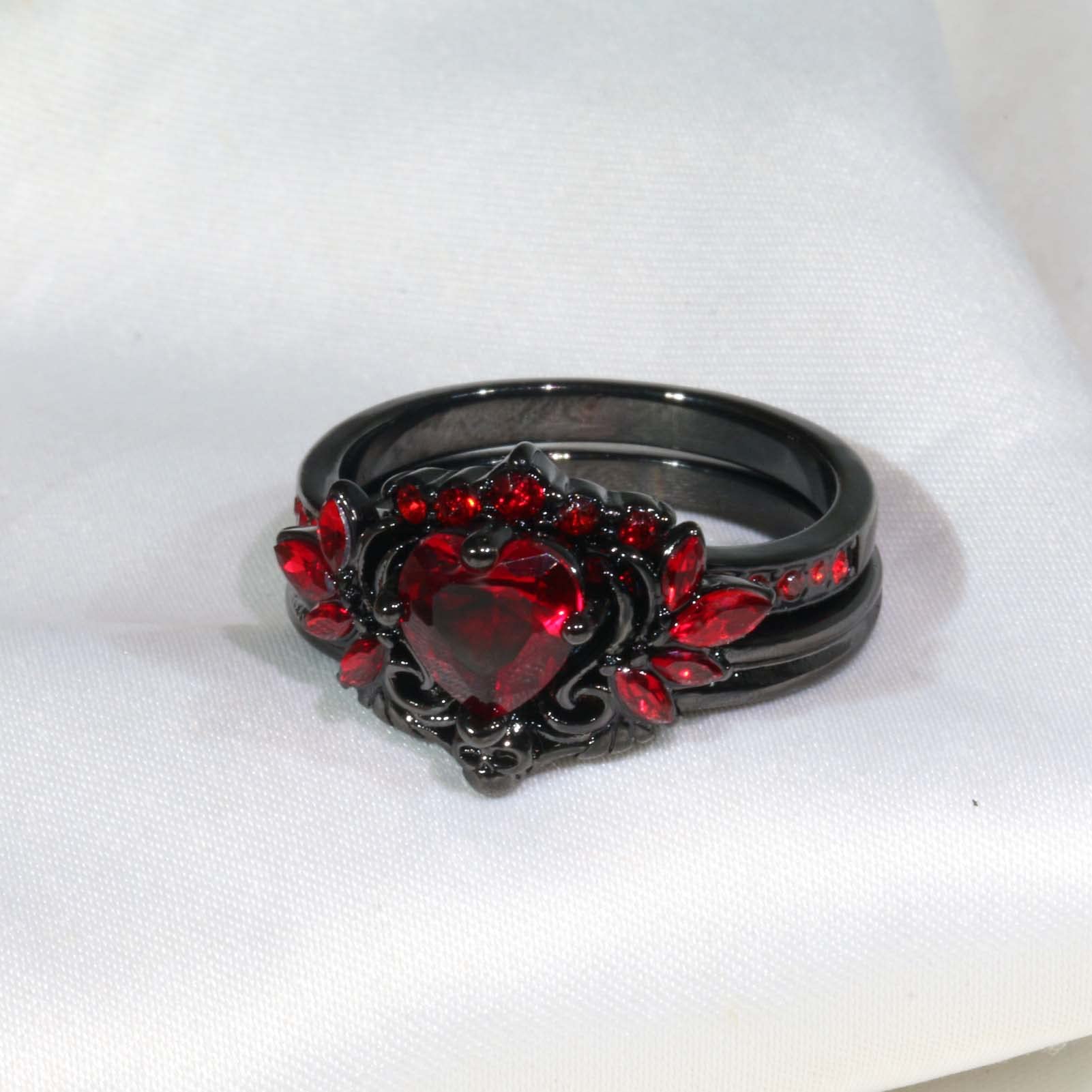 Couple Rings Matching Rings Black Wings Skull Ring 1.5ct Red CZ Womens Wedding Ring Sets Punk Ring