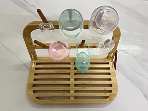 MEUHIIS Bamboo Baby Bottle Drying Rack Space Saving,Travel Baby Bottle Rack Dryer Holder Portable Countertop Bottle Dryer Rack Organizer,Bamboo Drying Rack for Bottles,Cups,Pacifiers and Accessories