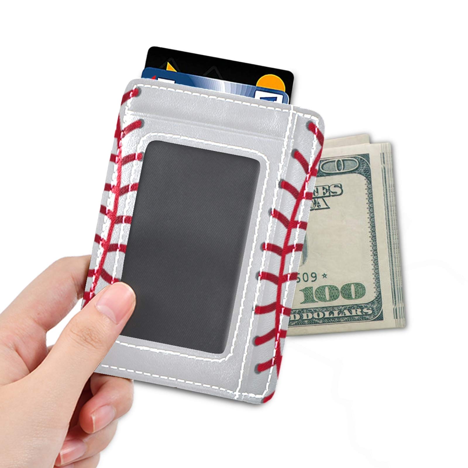 Nincrane Linomo Thin Leather Card Holder and Money Clip Baseball Print Sport Ball Wallet RFID Blocking for Men & Women