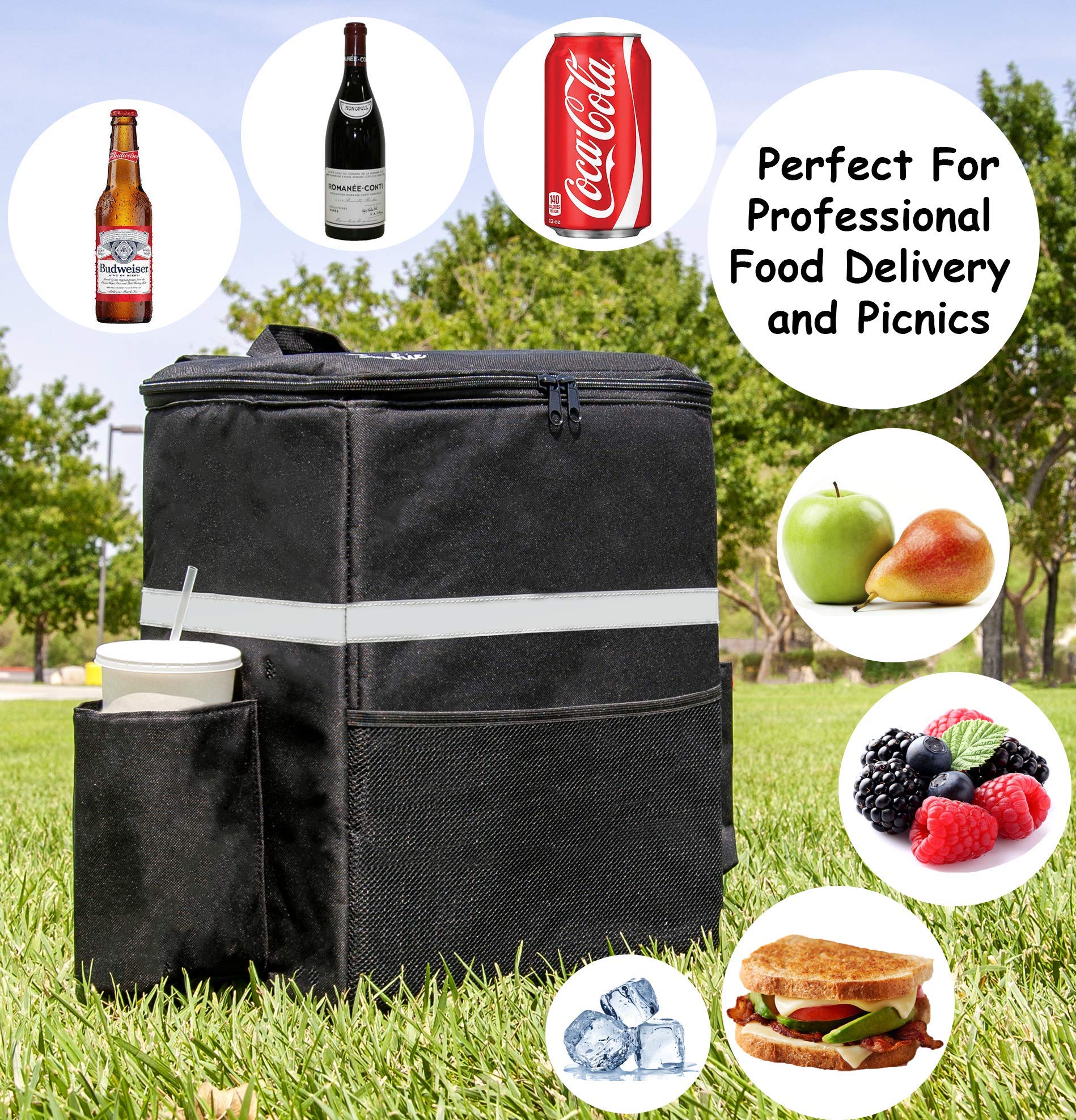 FRESHIE Insulated Food Delivery Backpack with Cup Holders / Drink Carriers Premium, For Drivers Of Door Dash, Postmates, Grub Hub, Pizza Bag, Grocery, Beverage, Commercial Quality (Backpack)