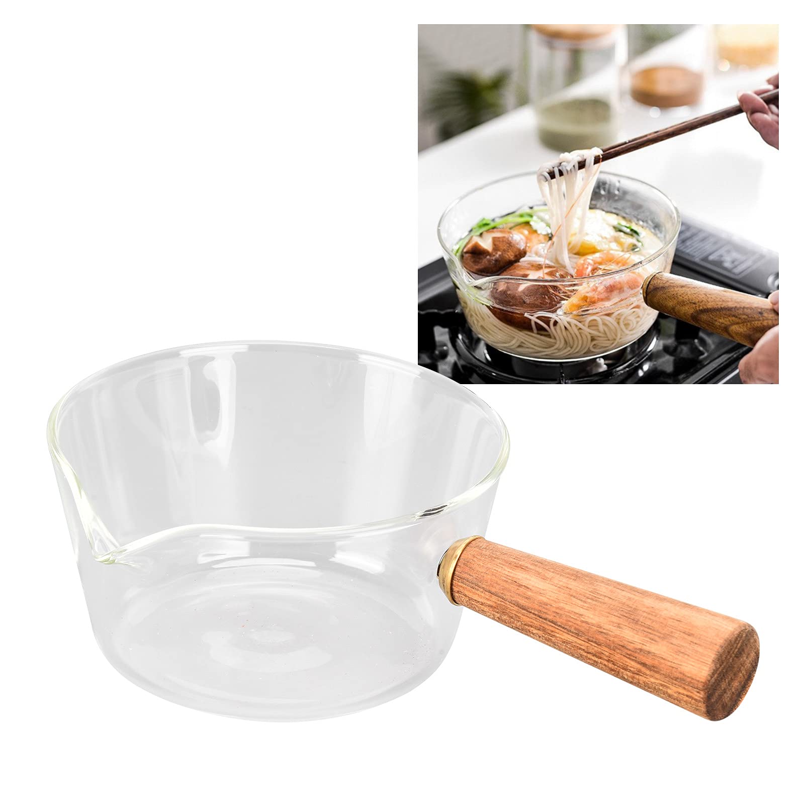 Glass Milk Pot with Wooden Handle, Small Saucepan with V Shaped Spout, Exquisite Workmanship Milk Boiling Pot Multifunction Cooking Utensil for Hot Milk, Salads, Noodles (Small)