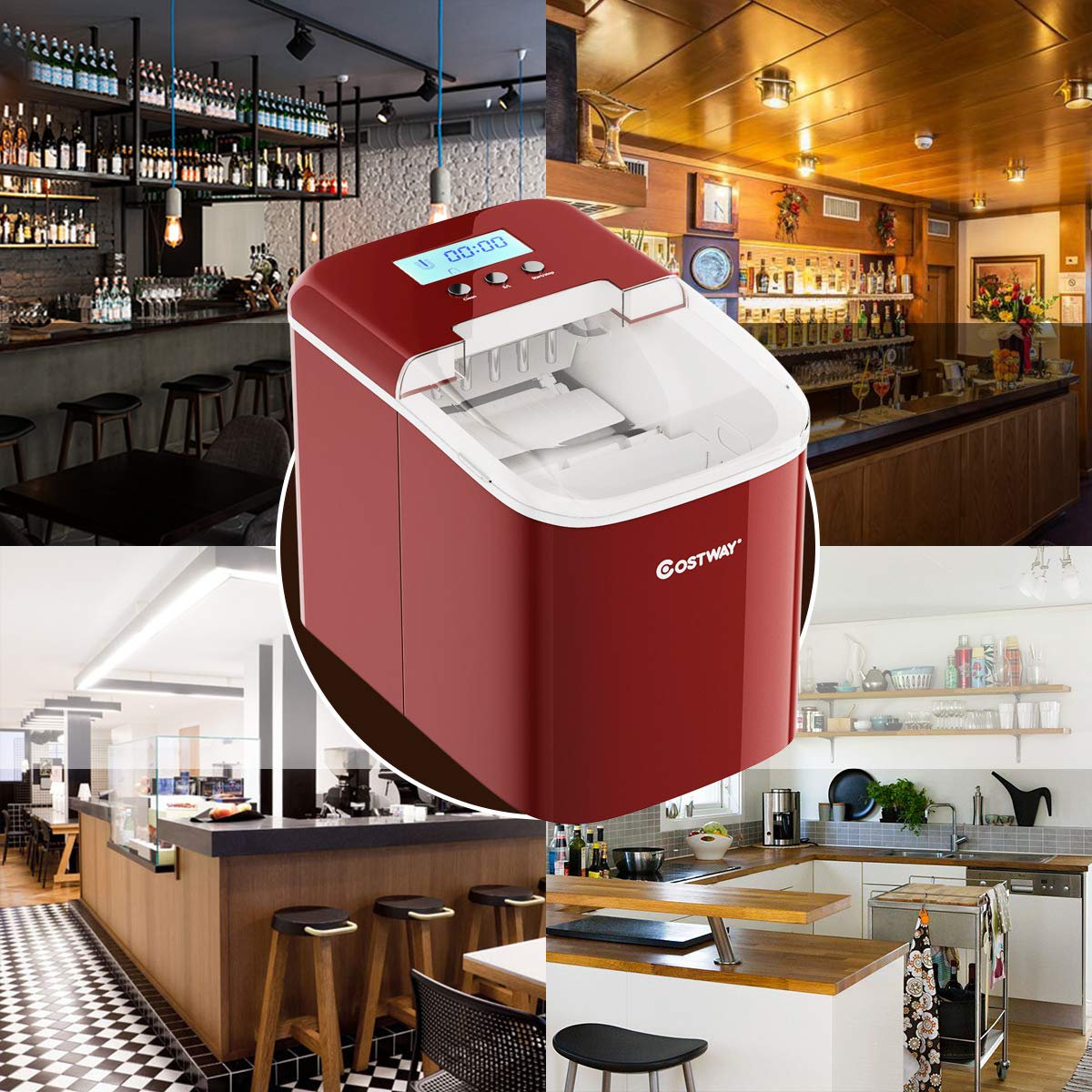 COSTWAY Countertop Ice Maker, 26LBS/24H with Self-Clean Function, LCD Display, 9 Bullet Ice / 7 Mins, Portable and Compact Ice Machine with Ice Scoop, for Homes, Offices, Restaurants, Bars, Red