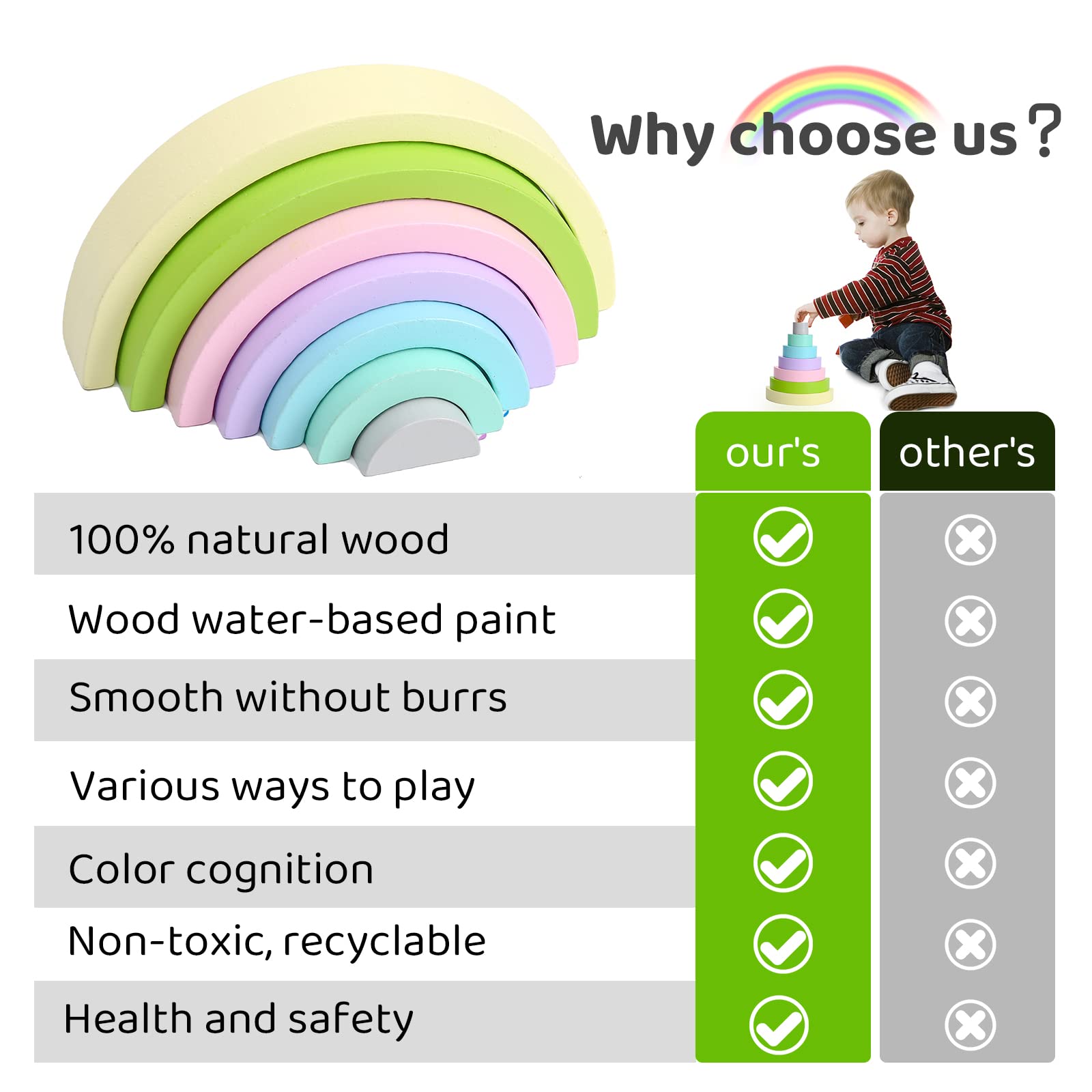 Wooden Rainbow Stacker Nesting Puzzle Blocks, 7pcs Wooden Sorting & Stacking Toys for Toddlers, Building Blocks Set Early Educational Montessori Matching Toys for Preschool Boys Girls