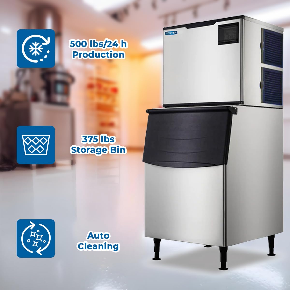 Commercial Ice Maker 500 Pounds Per Day with 375 lbs Storage Bin β Stainless Steel Industrial Modular Ice Half Cube Machine β Quiet Operation β Air Cooling System - by Foster