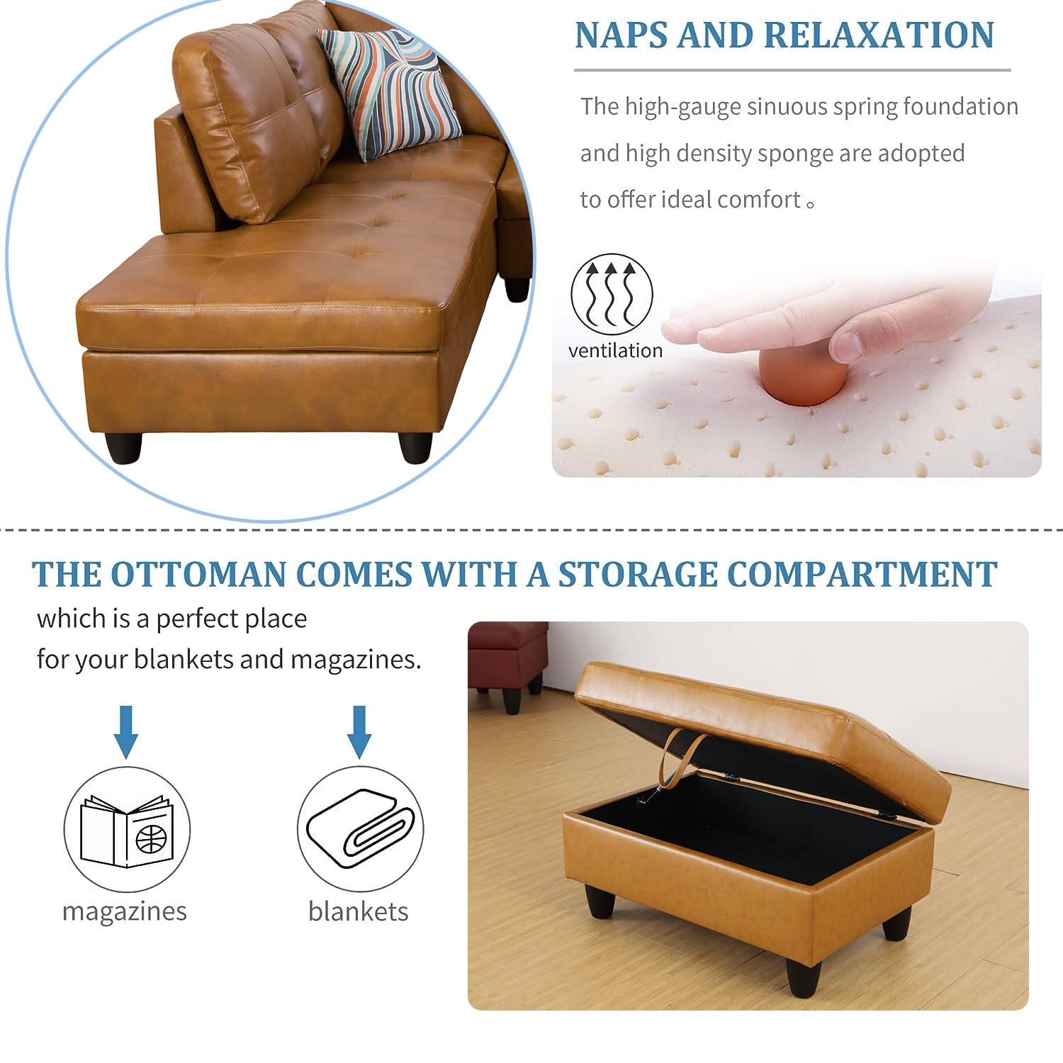 Caberryne Sectional Couch for Living Room Furniture Set Ginger,Sectional Sofa L Shape Sofa and Chaise with Storage Ottoman for Living Room/Apartment/Office(Facing Left Chaise) Turmeric