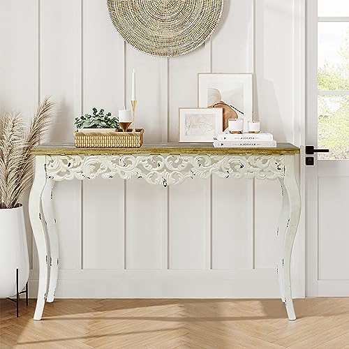 LuxenHome 46" Wood Decorative Console Table, Vintage French Country Entry Table, Farmhouse Antique Sofa Table with Wood Carvings, Woodgrain/Off-White