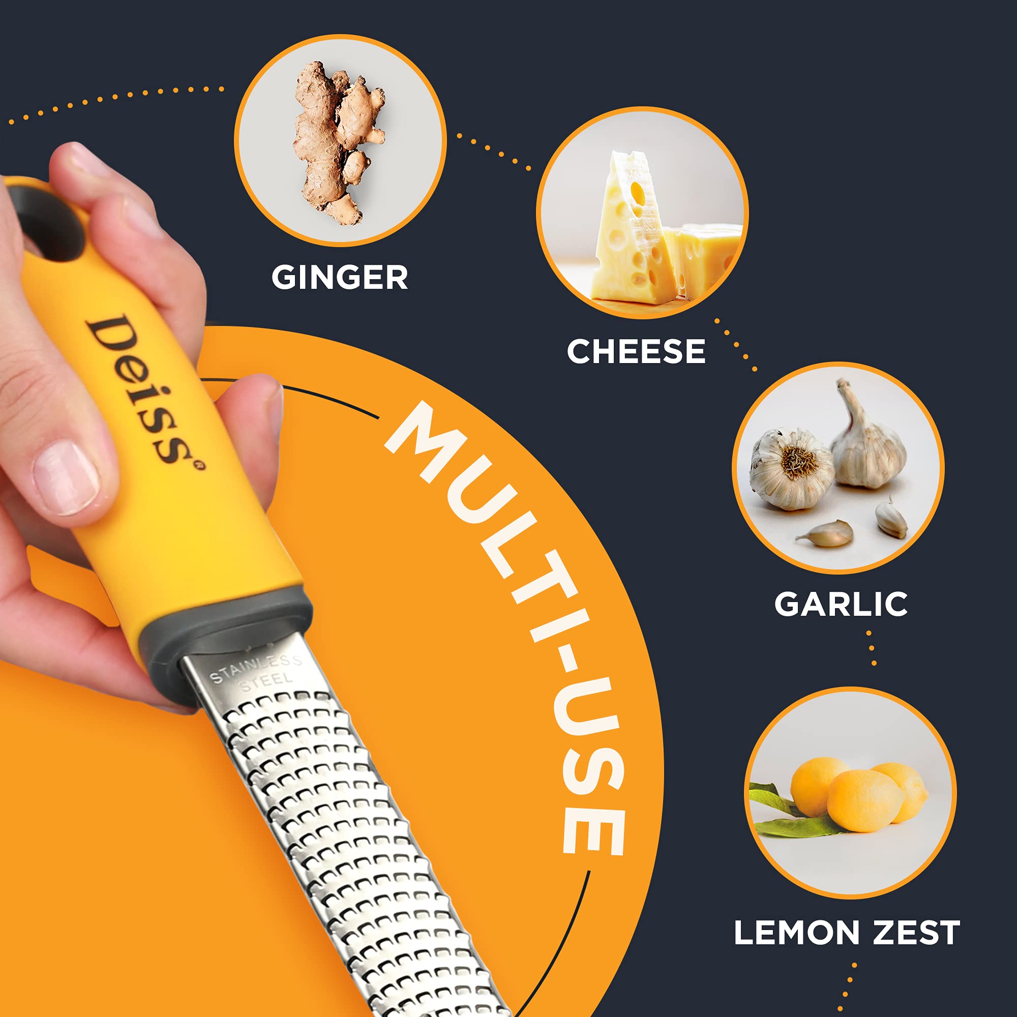 Deiss PRO Citrus Zester & Cheese Grater β Parmesan Cheese Lemon, Ginger, Garlic, Nutmeg, Chocolate, Vegetables, Fruits - Razor-Sharp Stainless Steel Blade, Wide, Dishwasher Safe