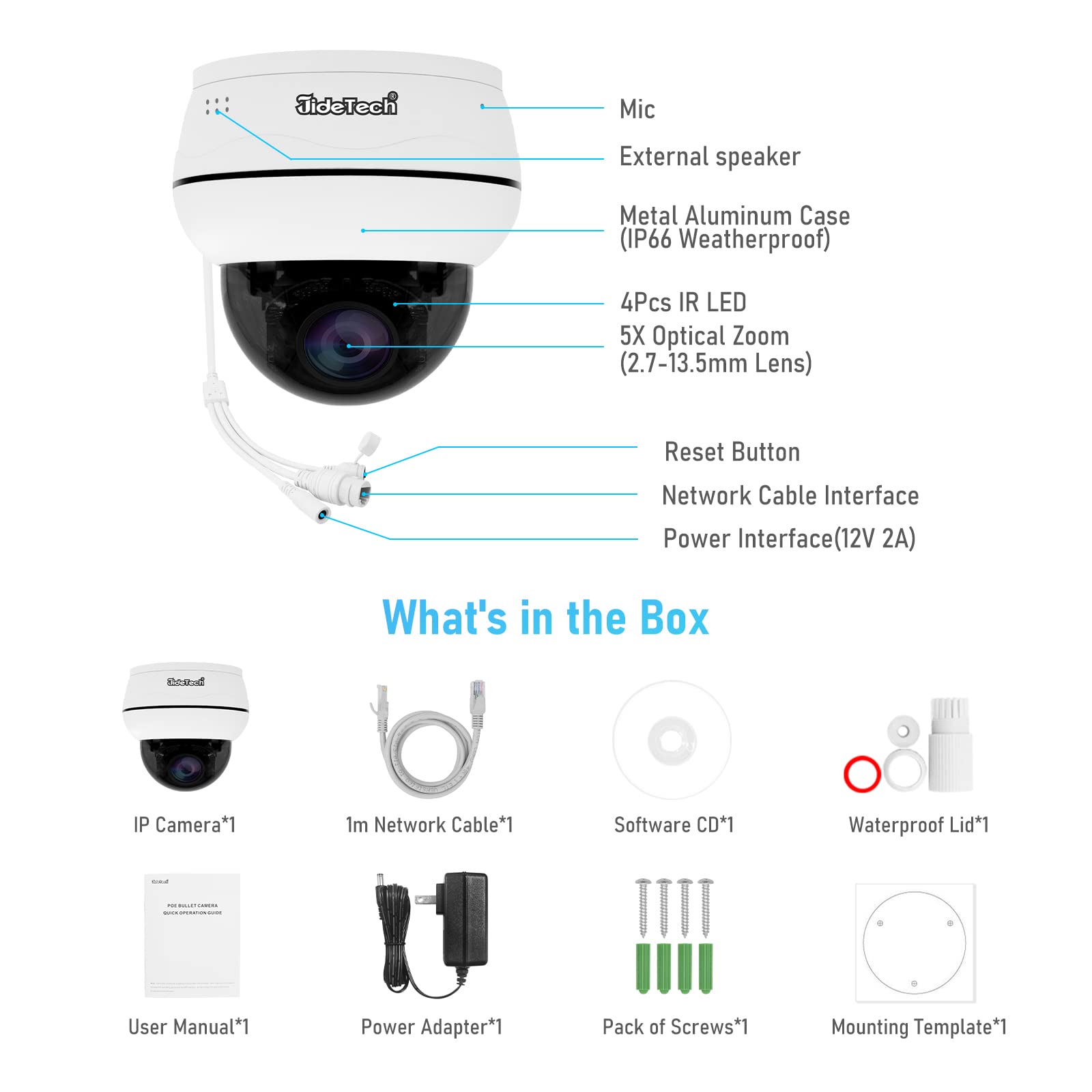 JideTech Outdoor 4K PTZ POE Camera, 8MP IP Dome Camera with 5X Optical Zoom, IR Night Vision Human/Motion Detection, Built in 2-Way Audio, Pan/Tilt, SD Card Slot