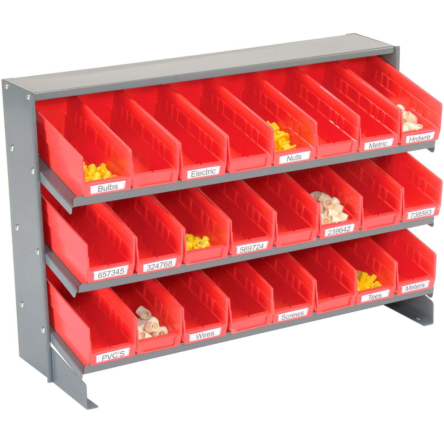 Global Industrial 3 Shelf Bench Rack, (24) 4" W Red Bins, 33x12x21
