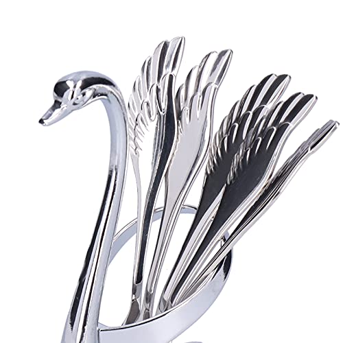 Creative Dinnerware Set, Decorative Swan Base Holder with 5 Forks or 5 Spoons for Coffee, Fruit,Dessert, Zinc Alloy Tableware Mirror Polished Spoon Fork Set (5 Spoons)