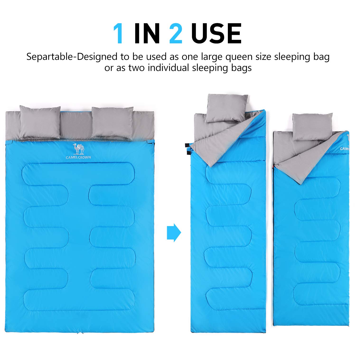 CAMEL CROWN Double/Single Sleeping Bag for Backpacking, Camping, Hiking,Outdoor Activities, Cold Weather 2 Person Waterproof Sleeping Bag for Adults Or Teens.