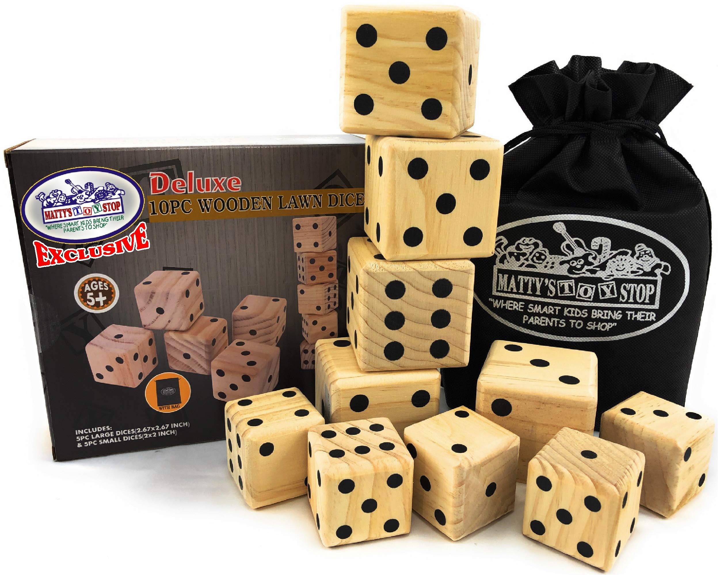 Matty's Toy Stop Deluxe 10pcs Wooden Lawn Dice Set - Features 5 (2.75") and 5 (2") Large Wooden Dice with Storage Bag