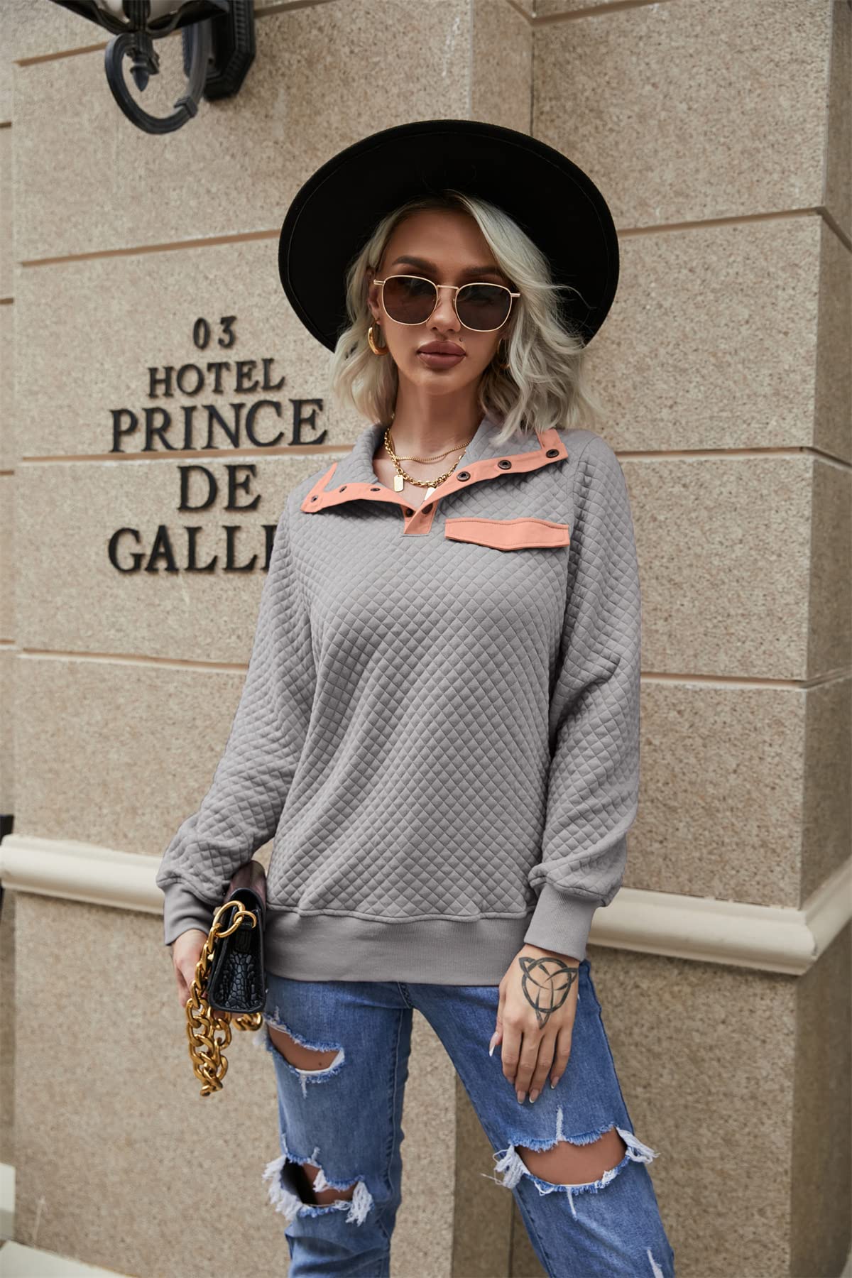 Chuanqi Womens Quilted Sweatshirts Casual Long Sleeve Outdoor Stand Collar Snap Pullover Tops